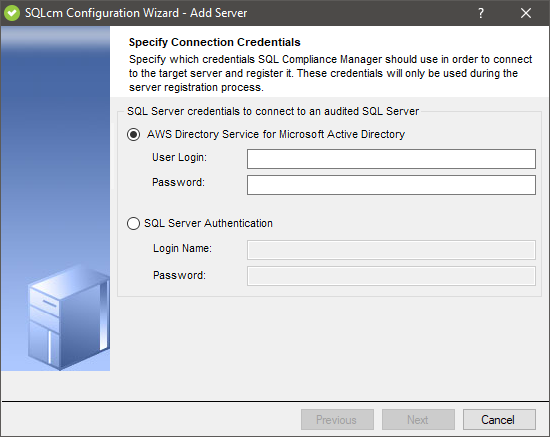 Configuration wizard - Specify Connection Credentials window - SQL ...